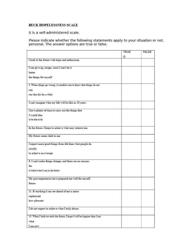 Beck's Hopelessness Scale | PDF
