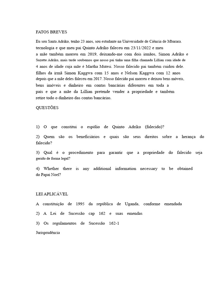 Herança de Quinto Adriko: Beneficiários e Bens | PDF | Casamento ...