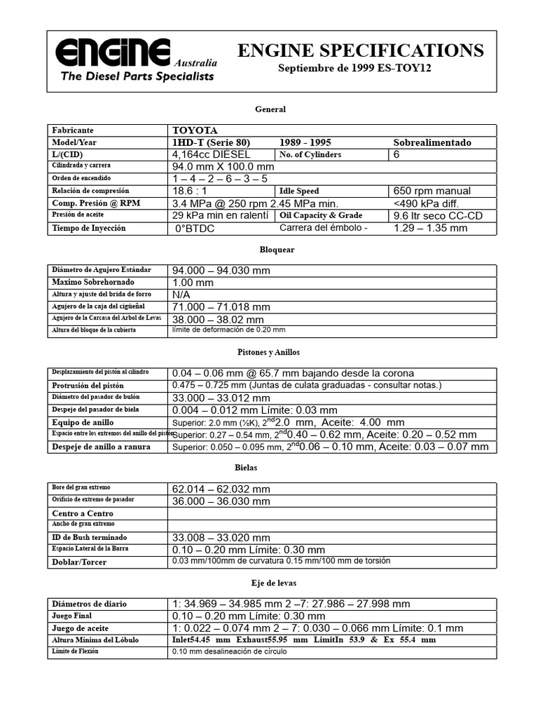 Especificaciones del Motor 1HD-T | PDF | Máquinas | Partes de vehículo