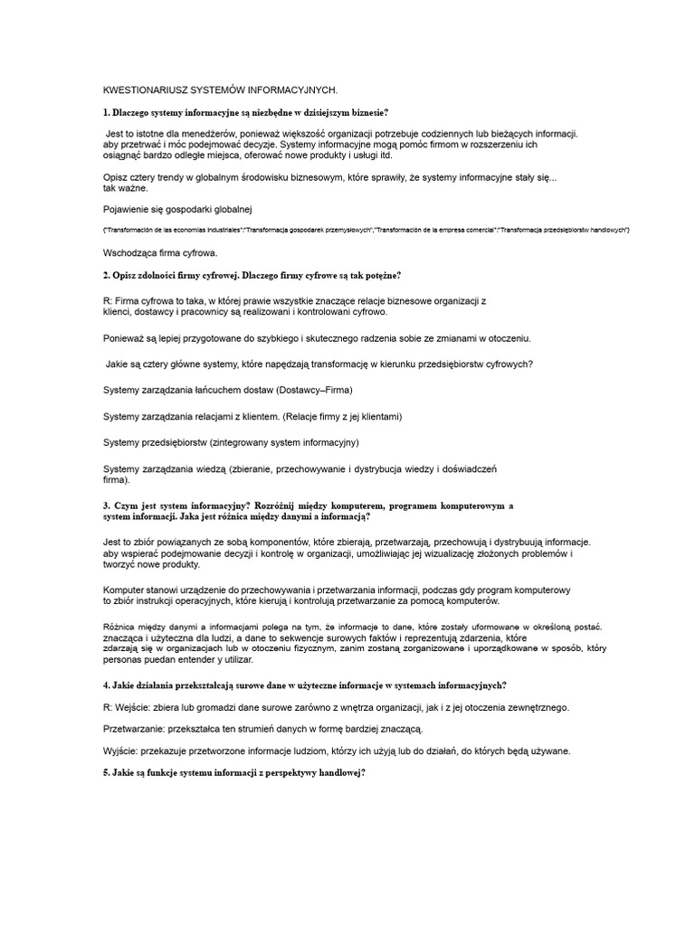 Kwestionariusz Systemów Informacyjnych | PDF