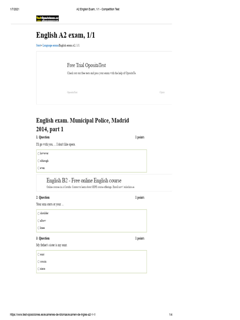 English Exam A2, 1 - 1 - Opposition Test | PDF | Chess Theory | Chess