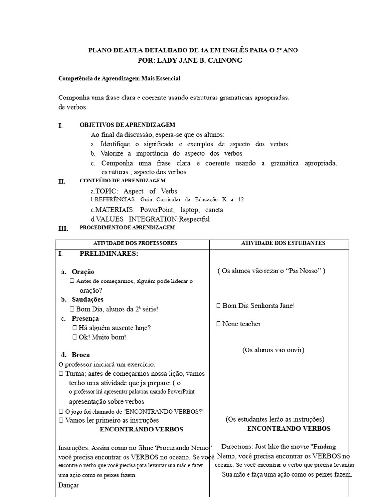 PLANO DE AULA DE INGLÊS 5 4A - CAINONG, LADY JANE | PDF | Aprendizado | Mecânica da linguagem