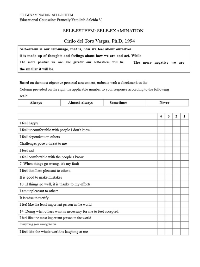 Self-Esteem Inventory Cirilo Del Toro | PDF | Self Esteem | Psychology