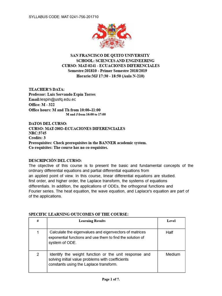 Syllabus Differential Equations | PDF | Equations | Ordinary Differential Equation