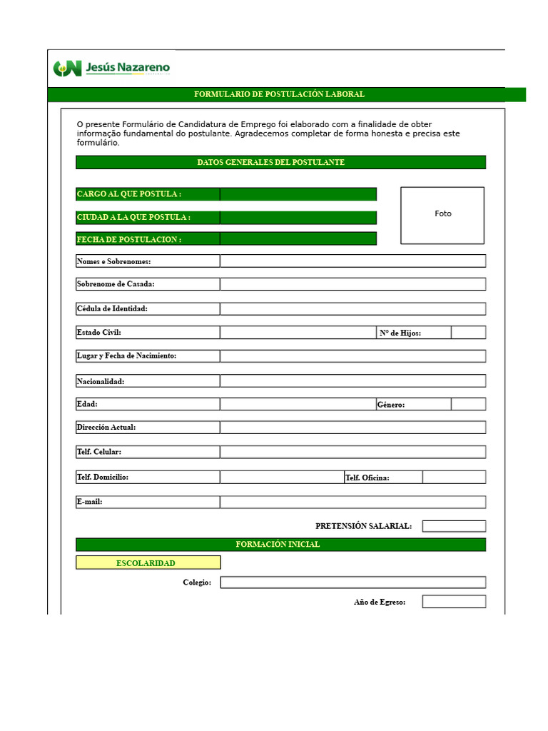 Formulário de Candidatura de Trabalho | PDF