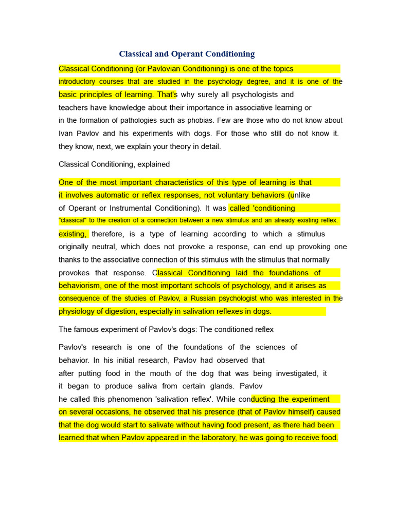Theoretical Framework of Classical and Operant Conditioning | PDF ...