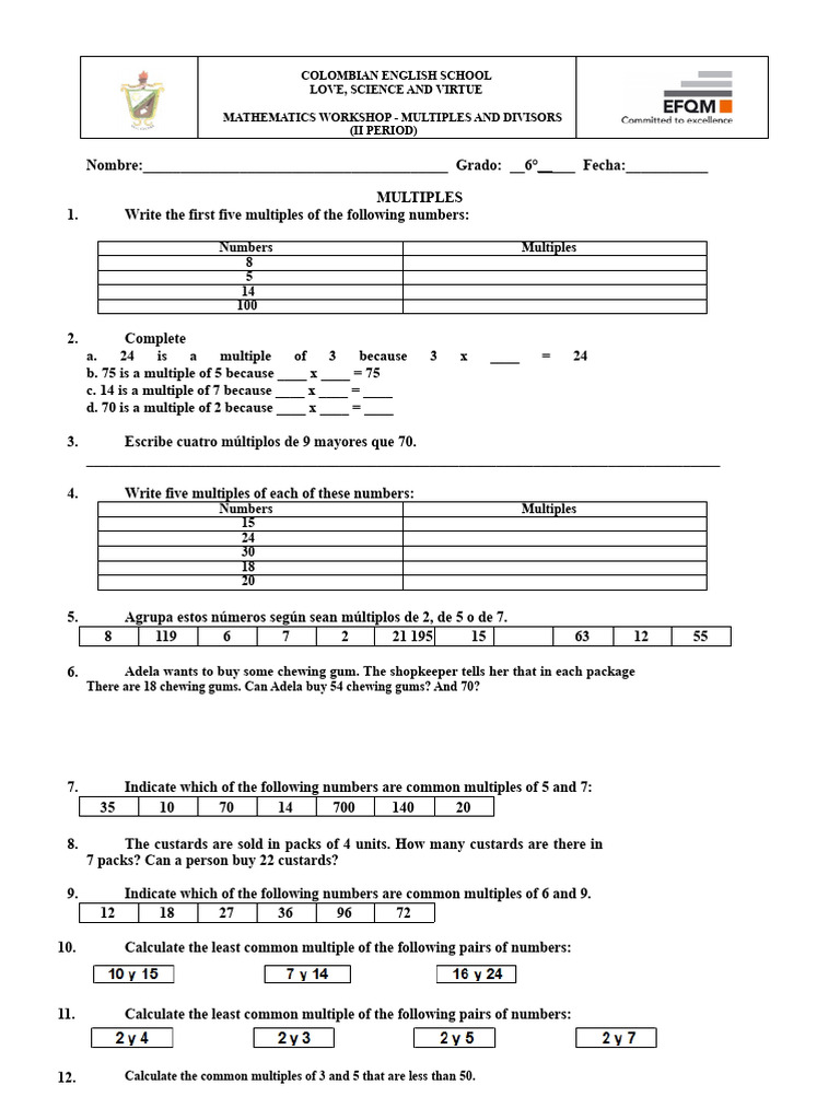 Mathematics Workshop: Multiples and Divisors (II Period) | PDF ...