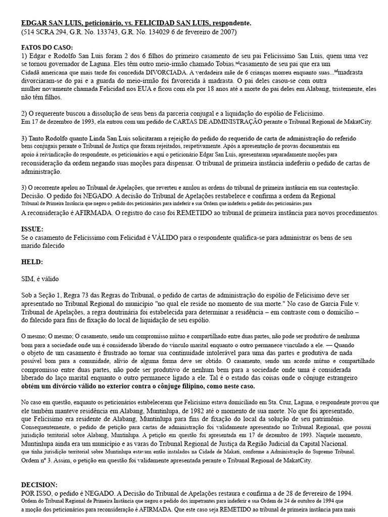 Resumo do caso San Luis v San Luis | PDF | Divórcio | Casamento