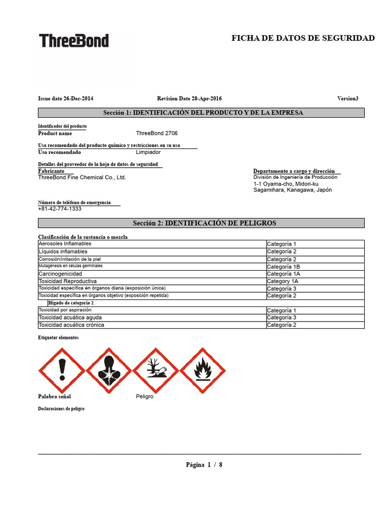 Ficha de Seguridad ThreeBond 2706 | PDF