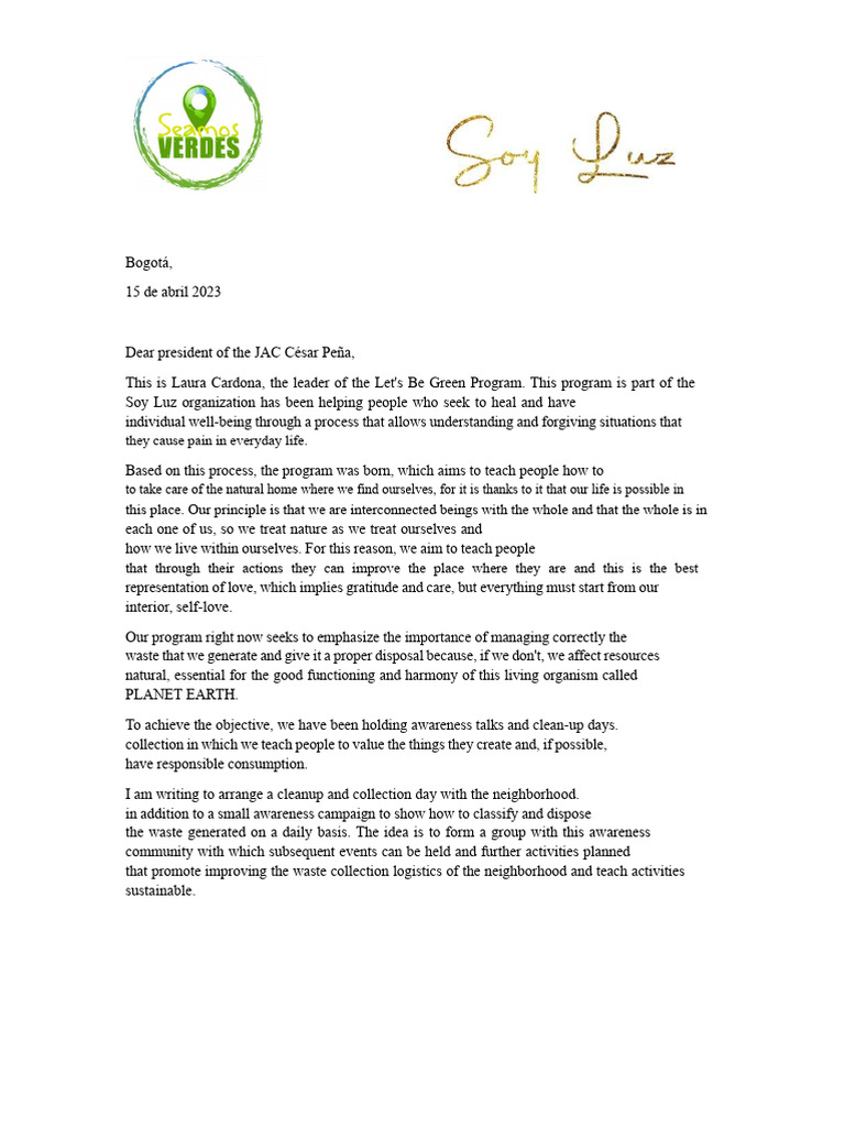 Request Letter To Carry Out A Cleaning and Collection Day | PDF