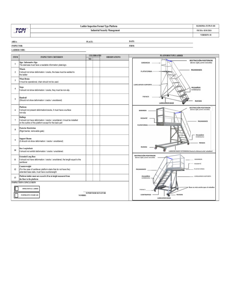 101 Checklist For Ladder With Platform Sgssoma-Tcpi-F-101 | PDF