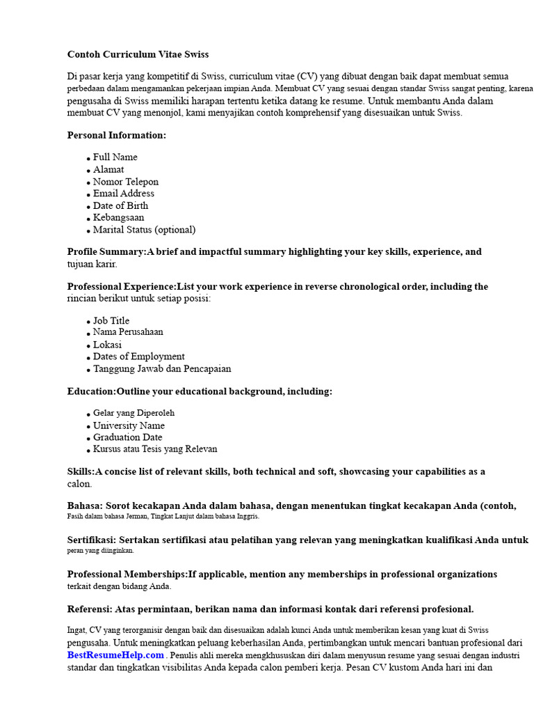 Contoh CV untuk Pekerjaan di Swiss | PDF