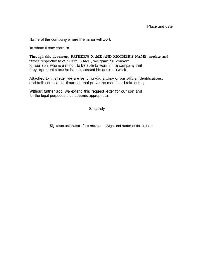 Minor Work Consent Letter Template | PDF