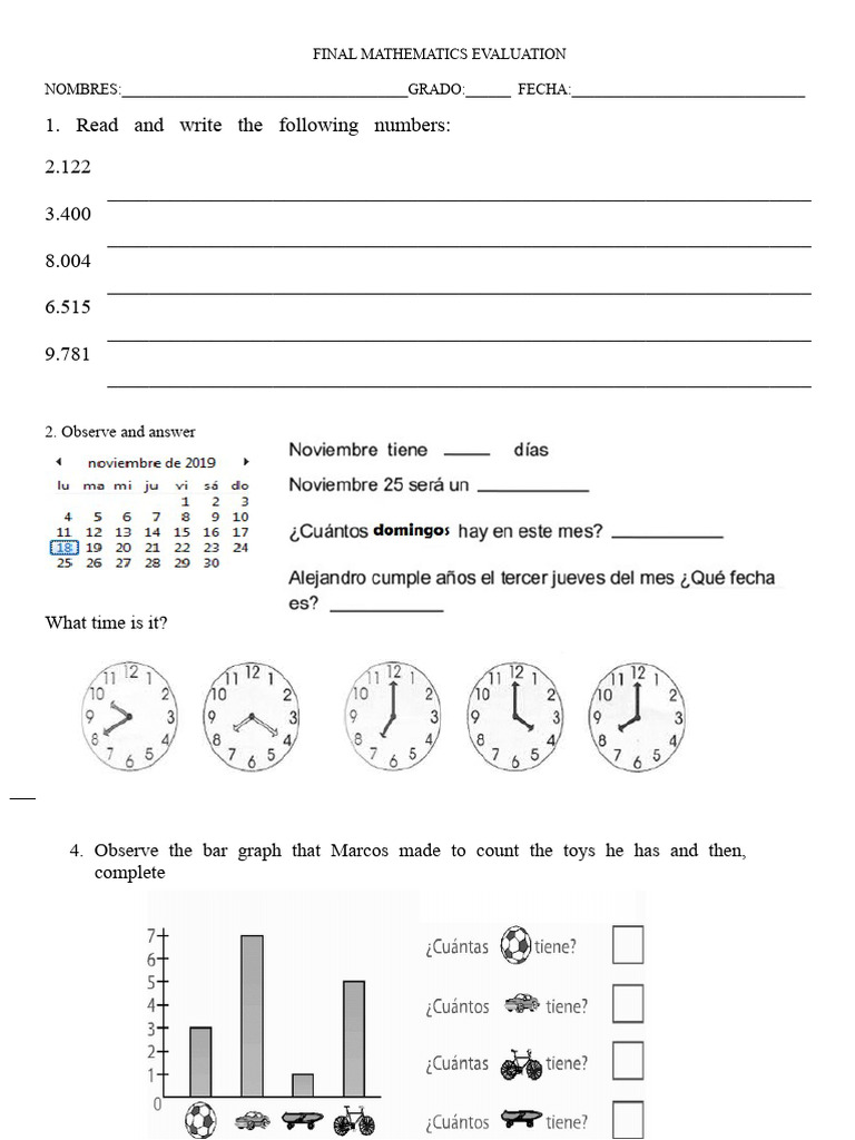 Final Evaluation Mathematics First Grade Fourth Period 2019 | PDF