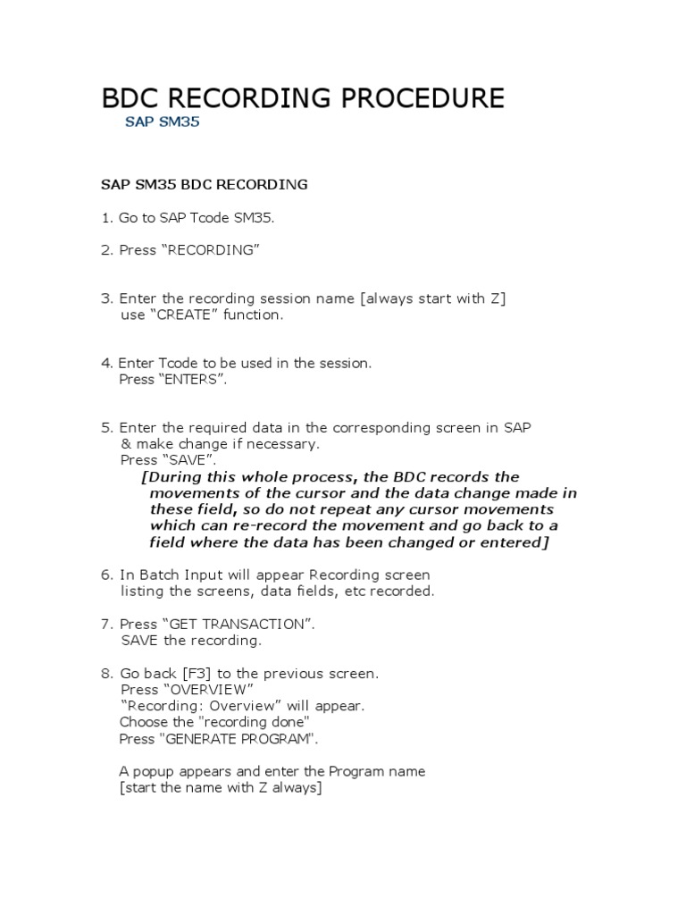 BDC Recording Procedure: Sap Sm35 | PDF | Subroutine | Database Transaction