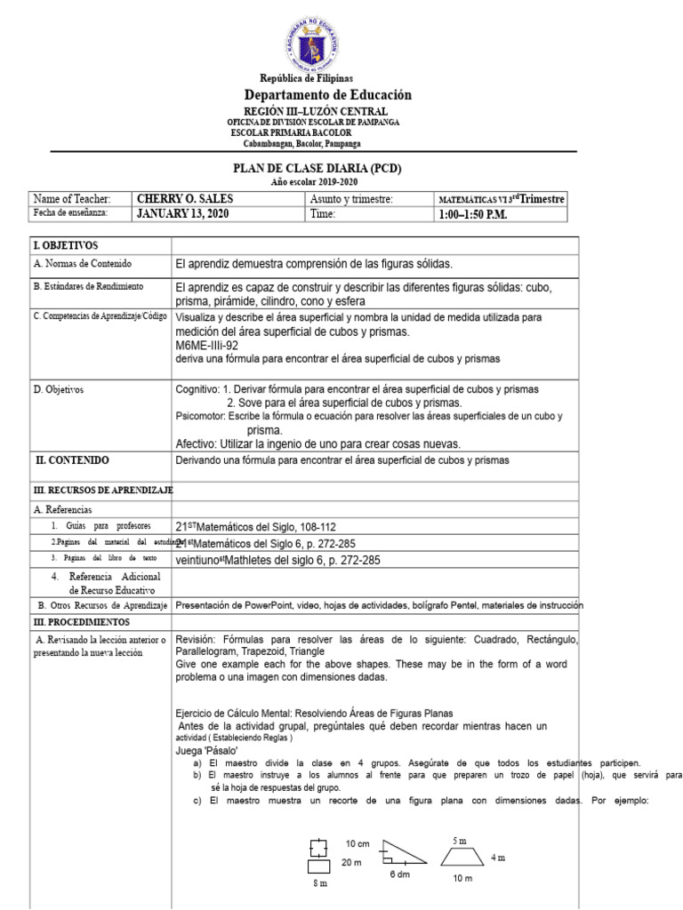 Matemáticas6 q3 DLP Área de Superficie Cot Último Formato | PDF