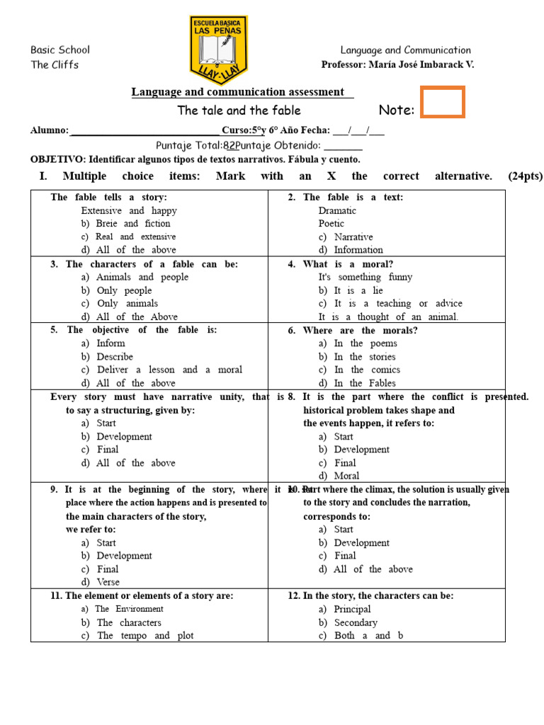 Test of The Story and The Fable For 5th and 6th Grade 2022 | PDF ...