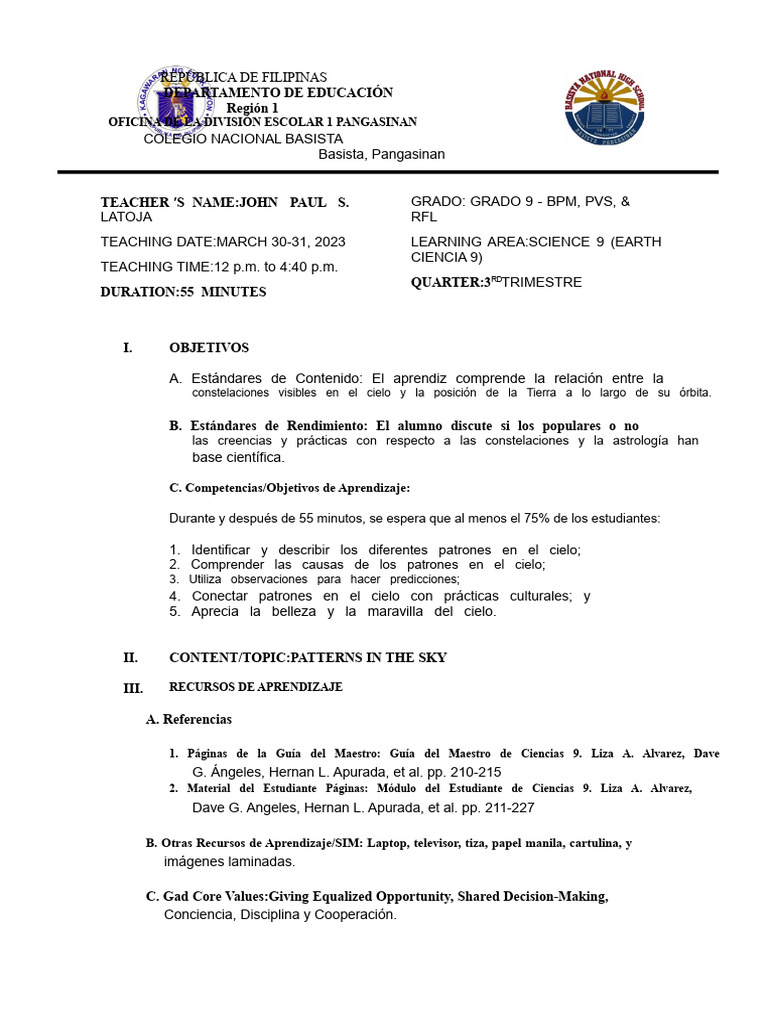 Patrones en El Cielo (Plan de Lección) | PDF | Cielo | Aprendizaje