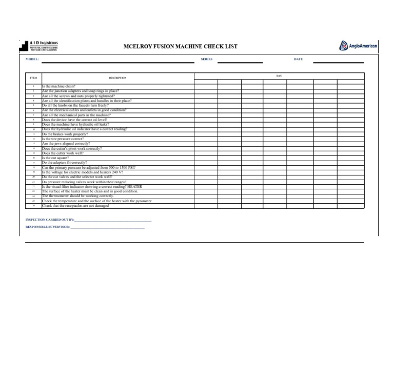 McElroy Fusion Machine Maintenance Checklist | PDF