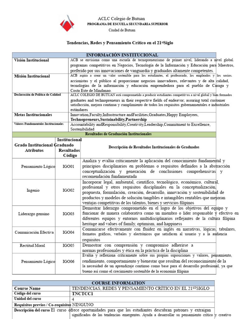 Programa de Secundaria en ACLC Butuan | PDF | Pensamiento | Intuición