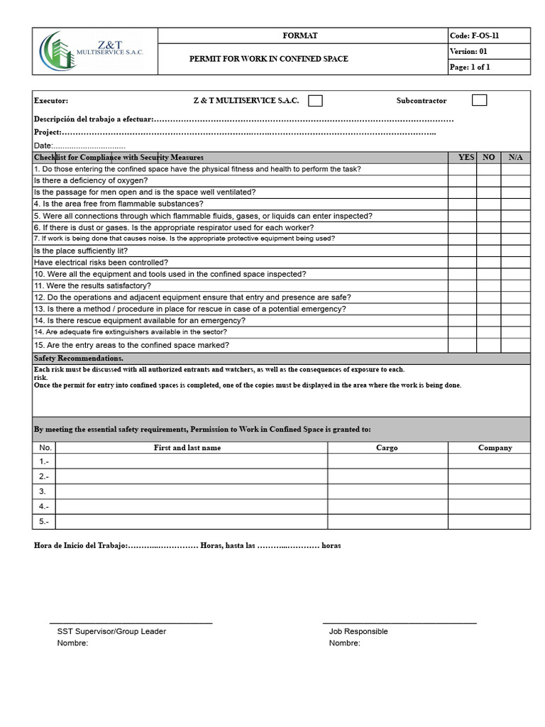 F-OS-11 Permits For Work in Confined Spaces | PDF | Safety | Occupational Safety And Health
