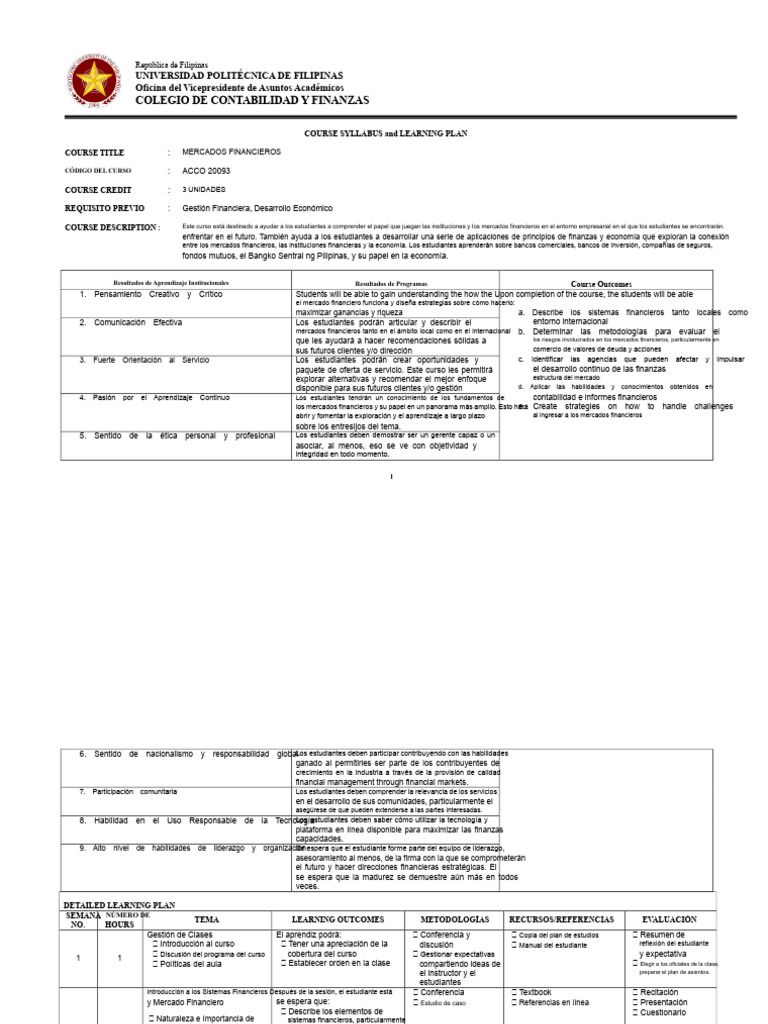 Sílabo Del Curso ACCO 20093 Mercados Financieros v2019 | PDF | Bolsa de ...