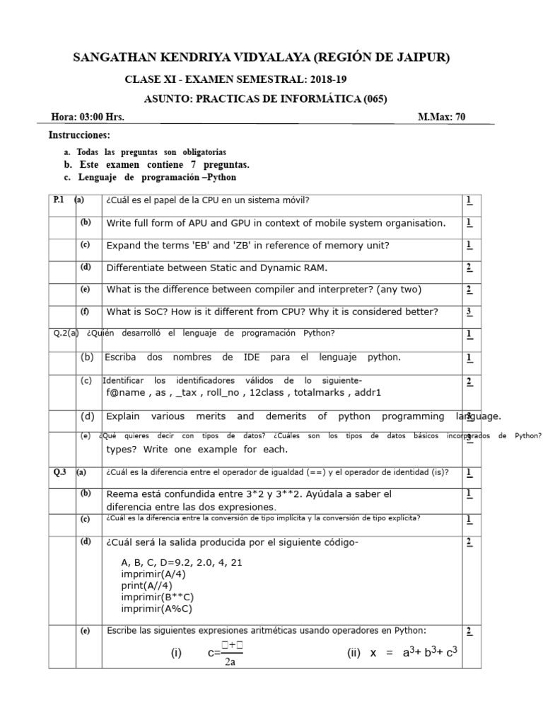 Clase XI (Prácticas Informáticas) Examen Semestral Región de Jaipur | PDF | Python (lenguaje de ...
