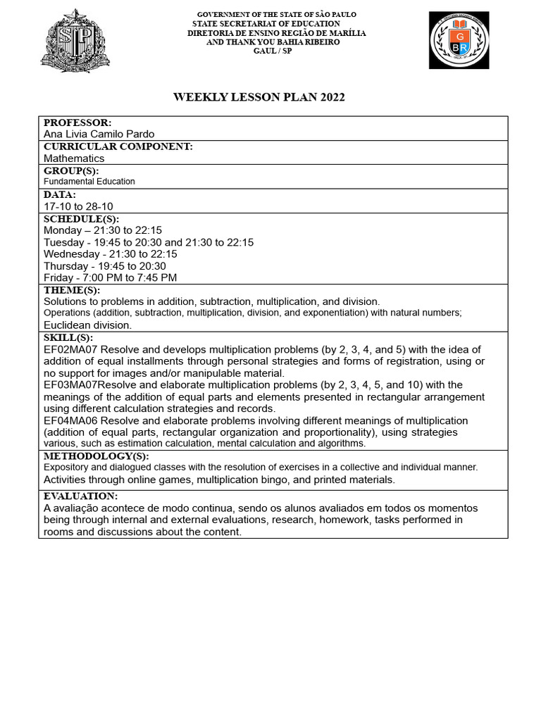 WEEKLY LESSON PLAN EJA Fundamental 10/17 To 10/28 | PDF