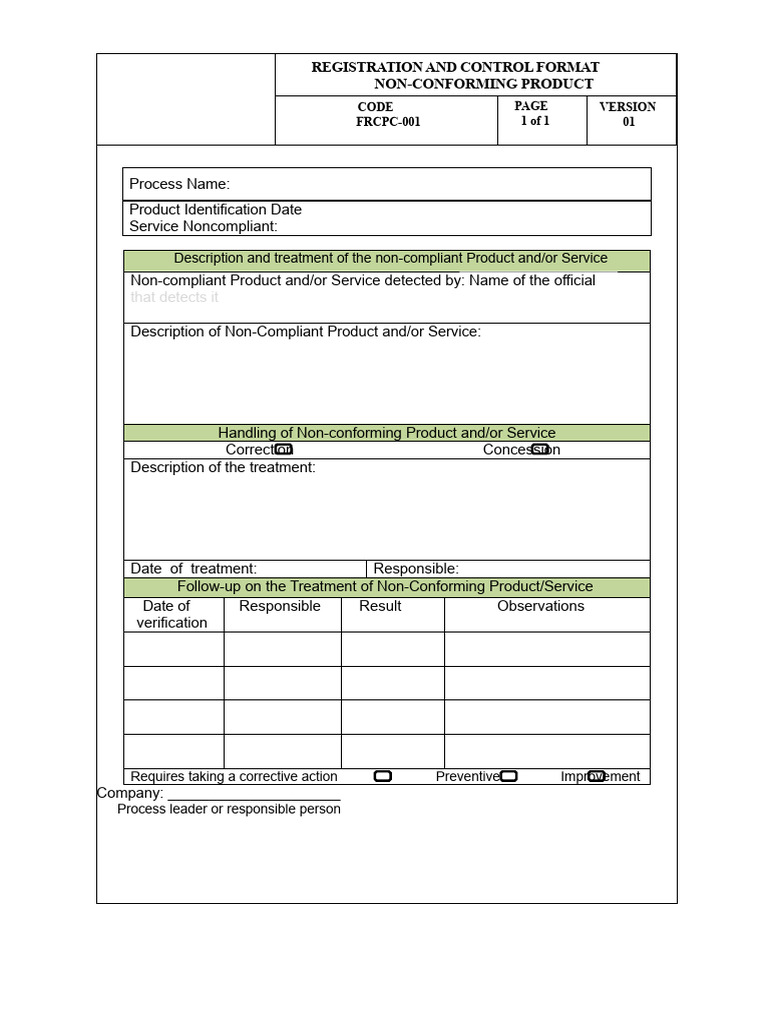 7.2. Format For Recording and Control of Non-Conforming Product | PDF