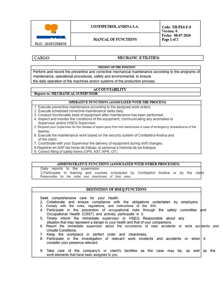 Mechanical Utilities Manual - Confipetrol | PDF | Occupational Safety ...