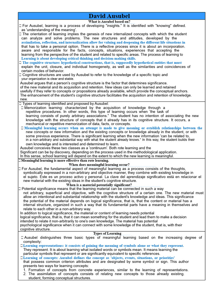Ausubel's Theory of Meaningful Learning | PDF | Concept | Learning