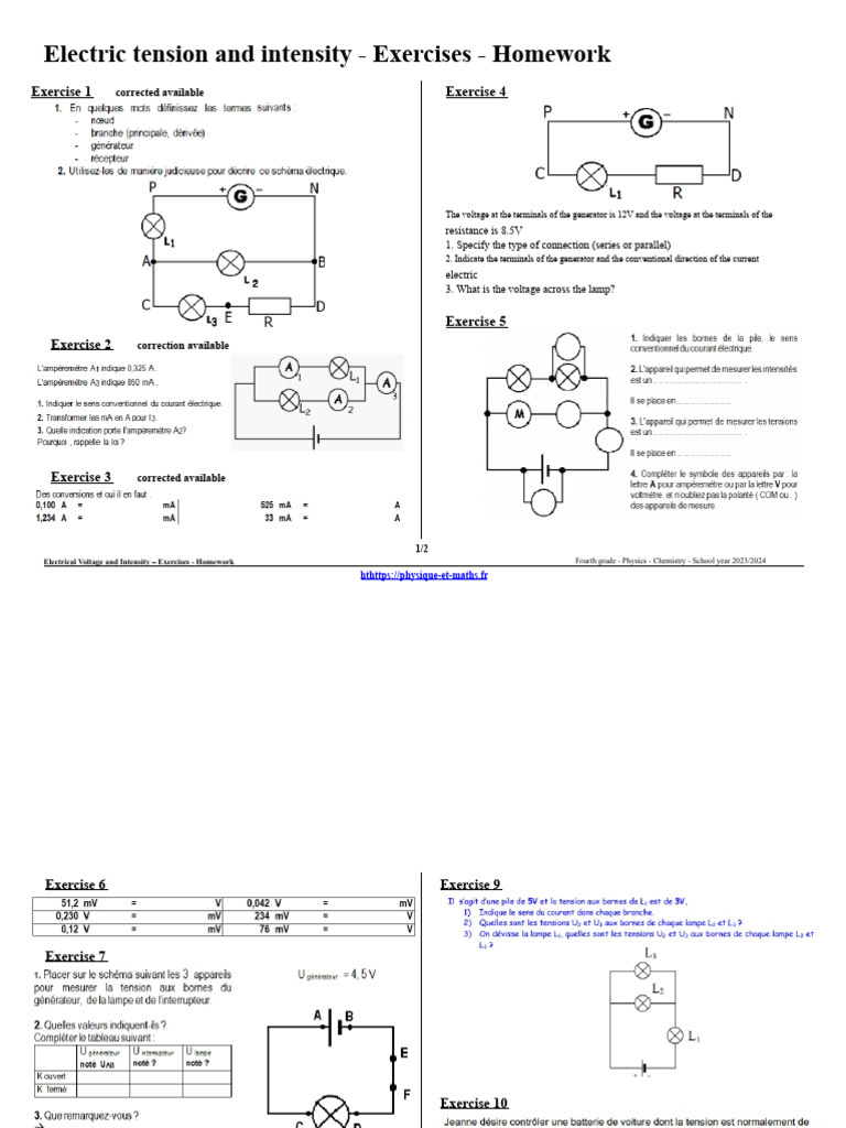 Tension Current Electric Exercises | PDF