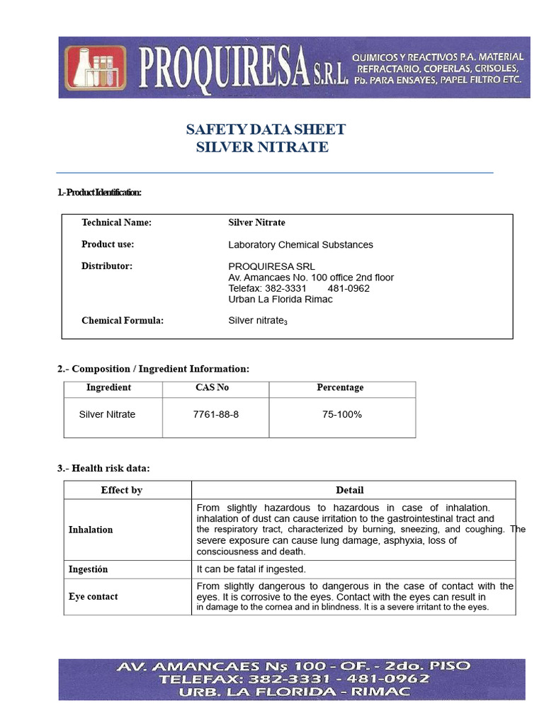 Safety Data Sheet Silver Nitrate v1.1 | PDF | Dangerous Goods | Water