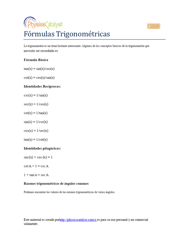 Fórmulas Esenciales de Trigonometría | PDF | Trigonometría | Funciones ...