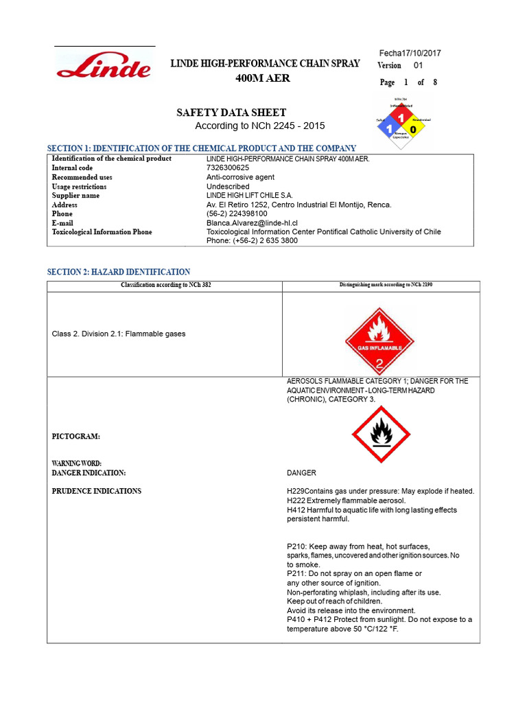 Linde Chain Spray Safety Data Sheet | PDF | Combustion | Toxicity