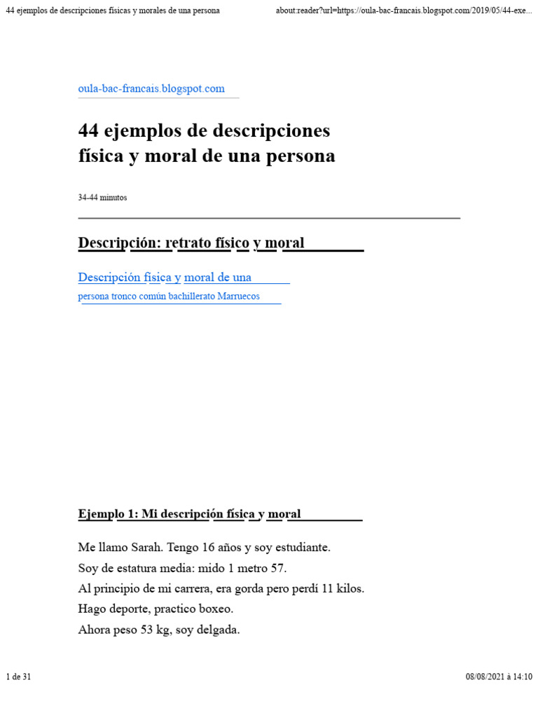 44 Ejemplos de Descripciones Físicas y Morales de Una Persona | PDF | Pelo