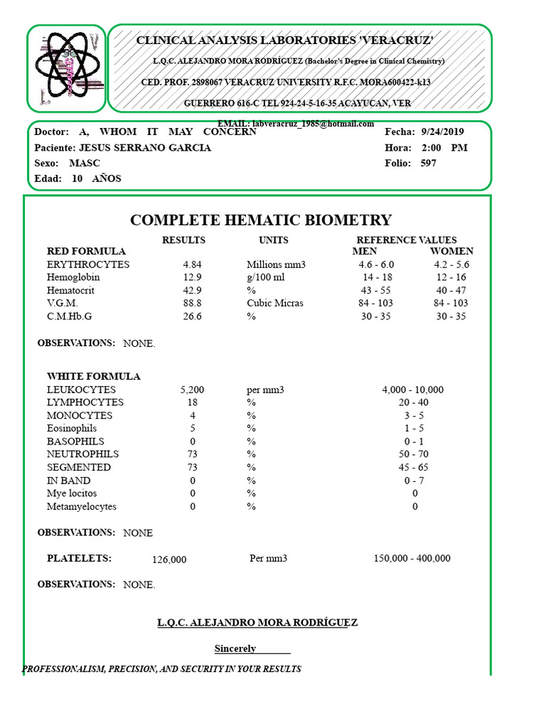 Complete Hematic Biometry: Clinical Analysis Laboratories 'Veracruz ...