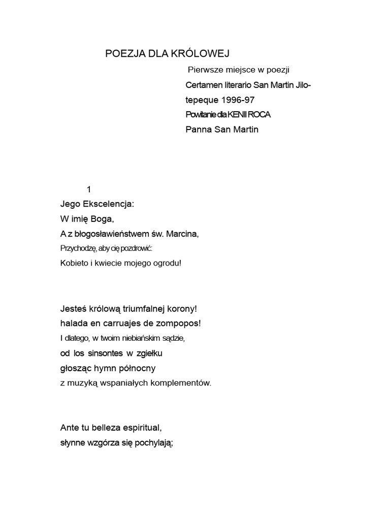 POEMAT DLA KRÓLOWEJ Autorstwa "MOISES ROMAN SOLANO" | PDF