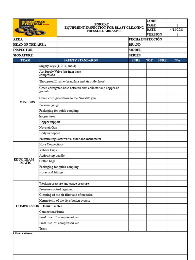 Inspection Format For Shot Blasting and Sandblasting Equipment | PDF