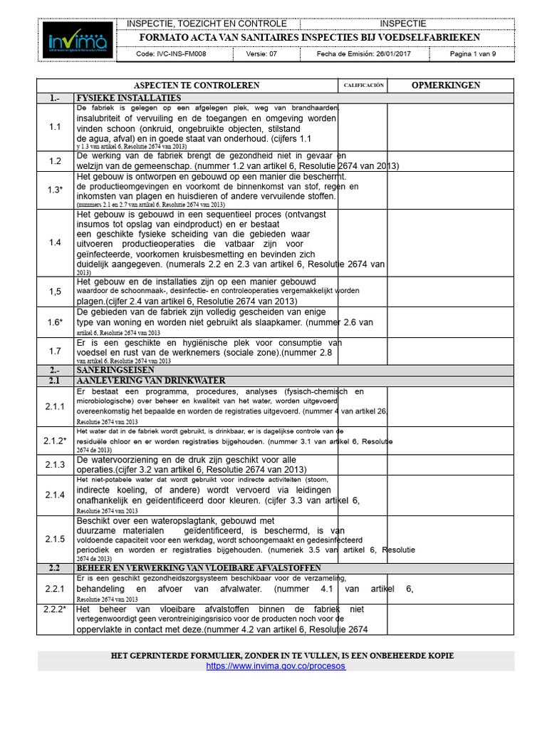 Inspectieformulier Invima | PDF
