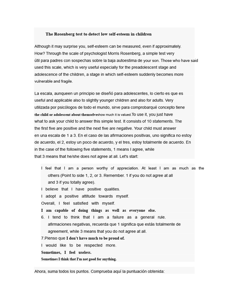 Rosenberg Self-Esteem Test for Kids | PDF | Self Esteem | Adolescence