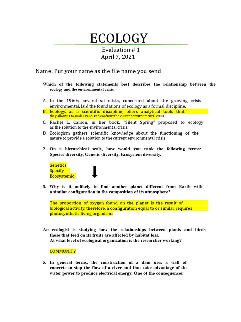 Evaluation#1 ECOLOGY Answers | PDF | Ecology | Biodiversity