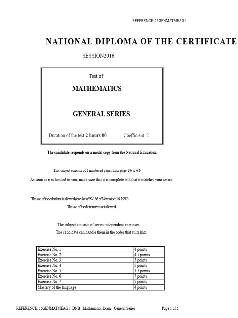DNB 2016 - MATHEMATICS - General Series | PDF | Area | Mathematics