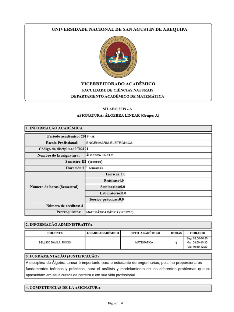 SILABO-437-ÁLGEBRA LINEAR (Grupo A-Ano 2019-Ciclo A) | PDF | Matemática ...