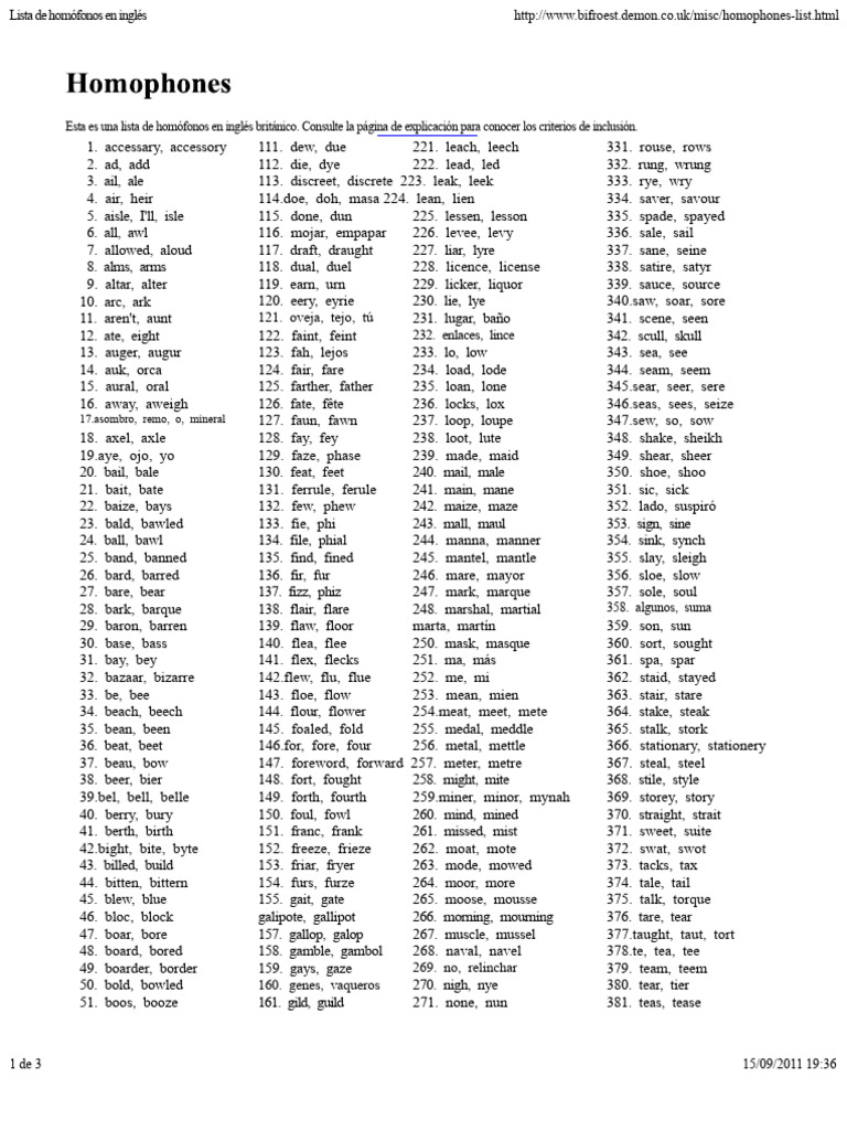 Lista de Homófonos en Inglés | PDF