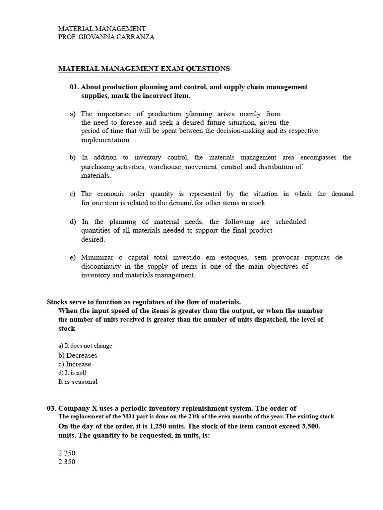 Material Management Exam Questions | PDF | Inventory | Logistics