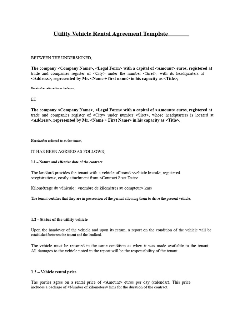 Utility Vehicle Rental Agreement Template | PDF | Lease | Leasehold Estate