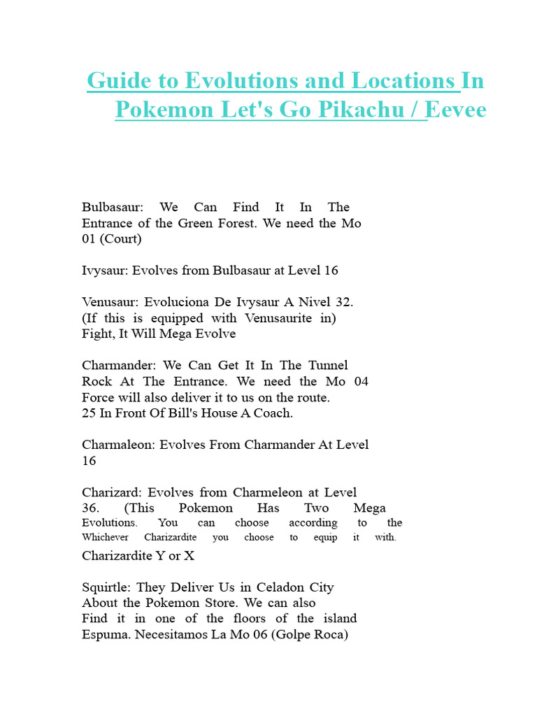 Guide to Locations and Evolutions Pokemon Let's Go Pikachu Eevee.pdf ...