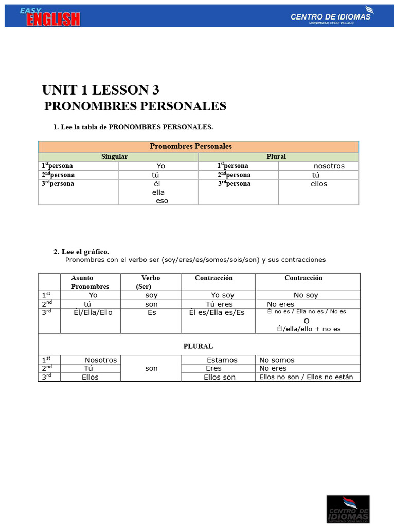 UNIDAD 1 LECCIÓN 3 Pronombres Personales PDF | PDF | Pronombre | Gramática