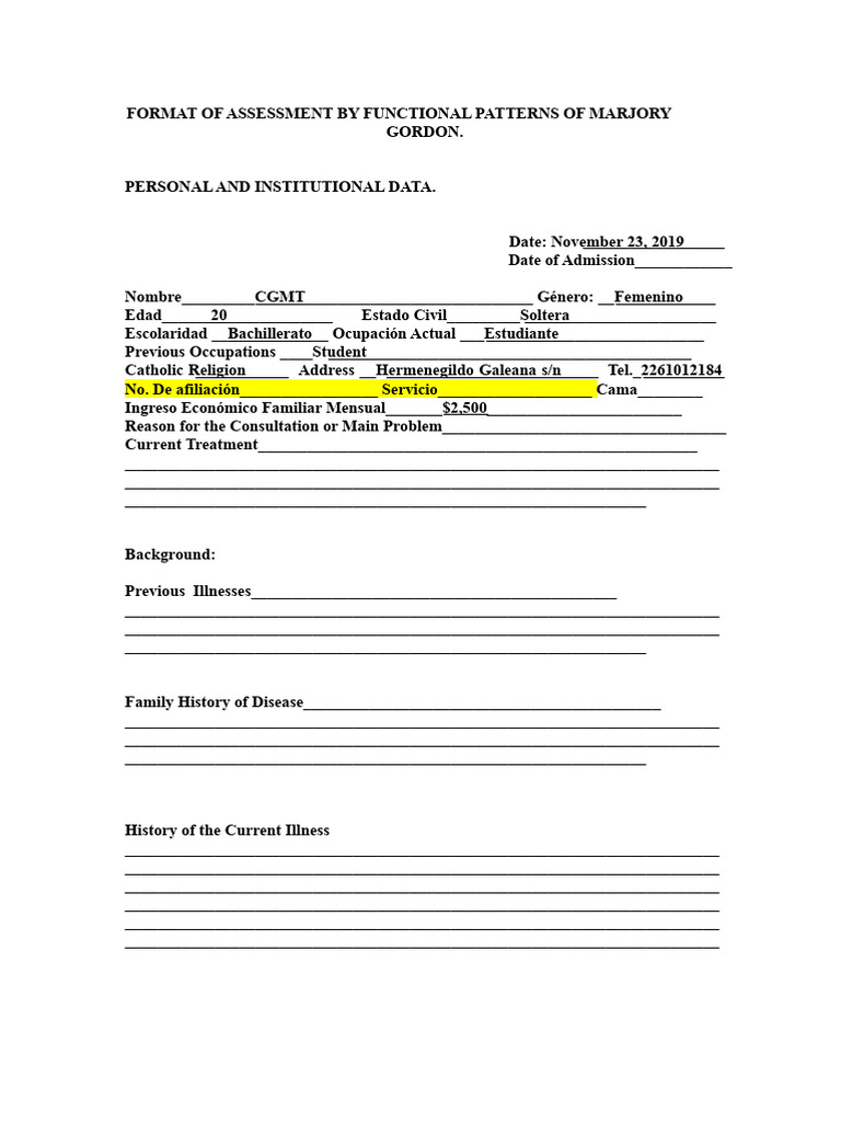 Functional Patterns Assessment Format by Marjory Gordon | PDF | Urinary ...